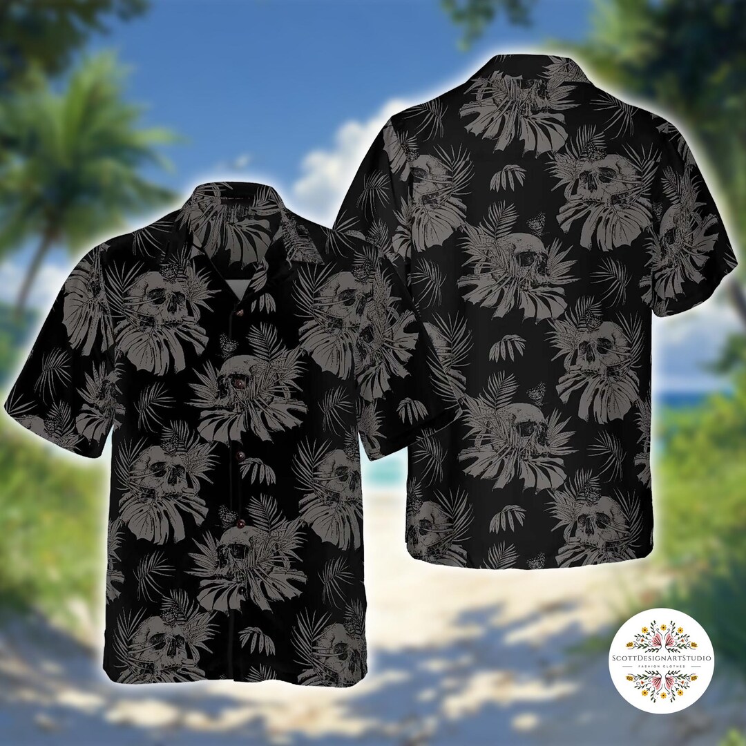 Seamless Gothic Skull Hawaiian Shirt, Bold Butterfly Goth Men’s Shirt ...