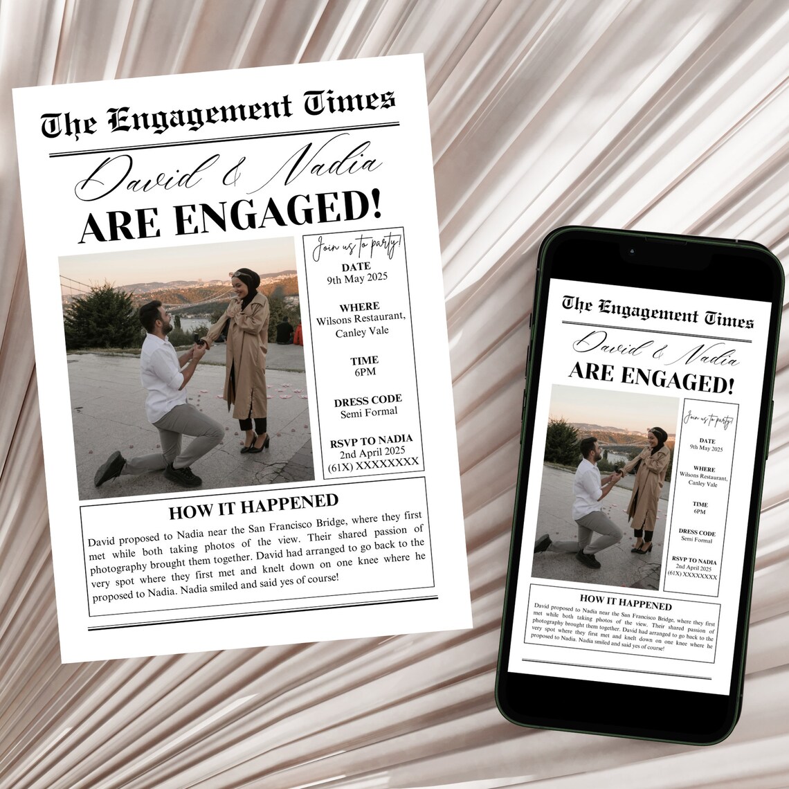 Canva Wedding Engagement Newspaper Invitation, Editable Template ...