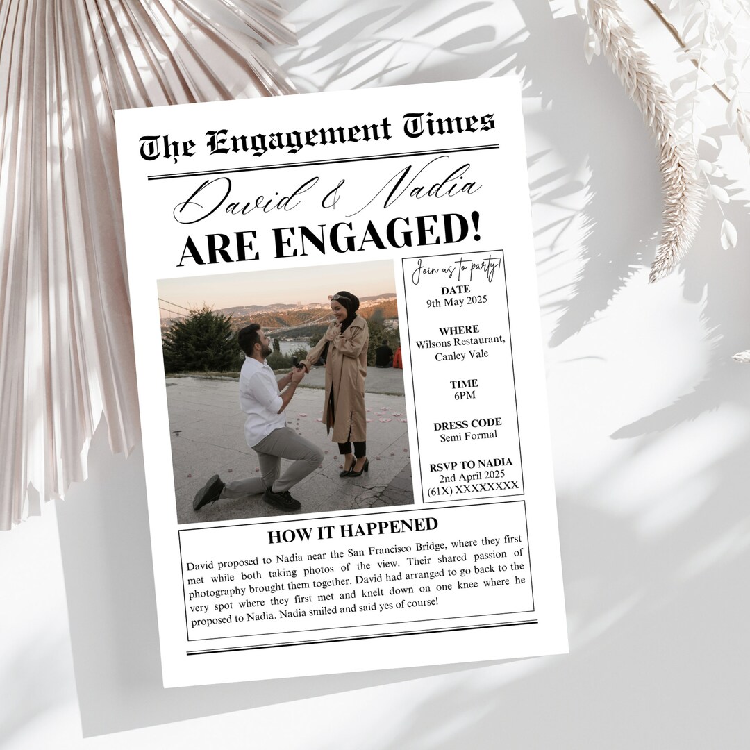 Canva Wedding Engagement Newspaper Invitation, Editable Template ...