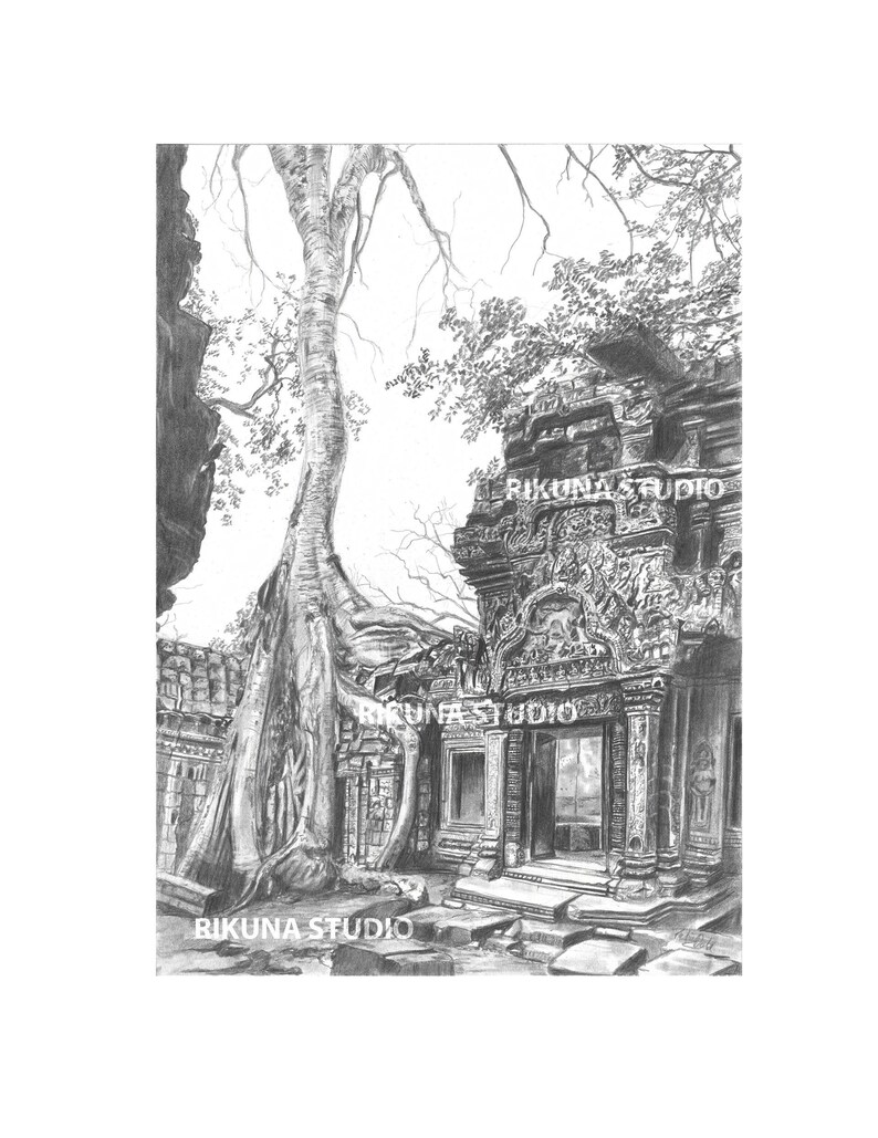 Pencil Drawing Art Print Asia Architecture Detailed Temple Sketch ...