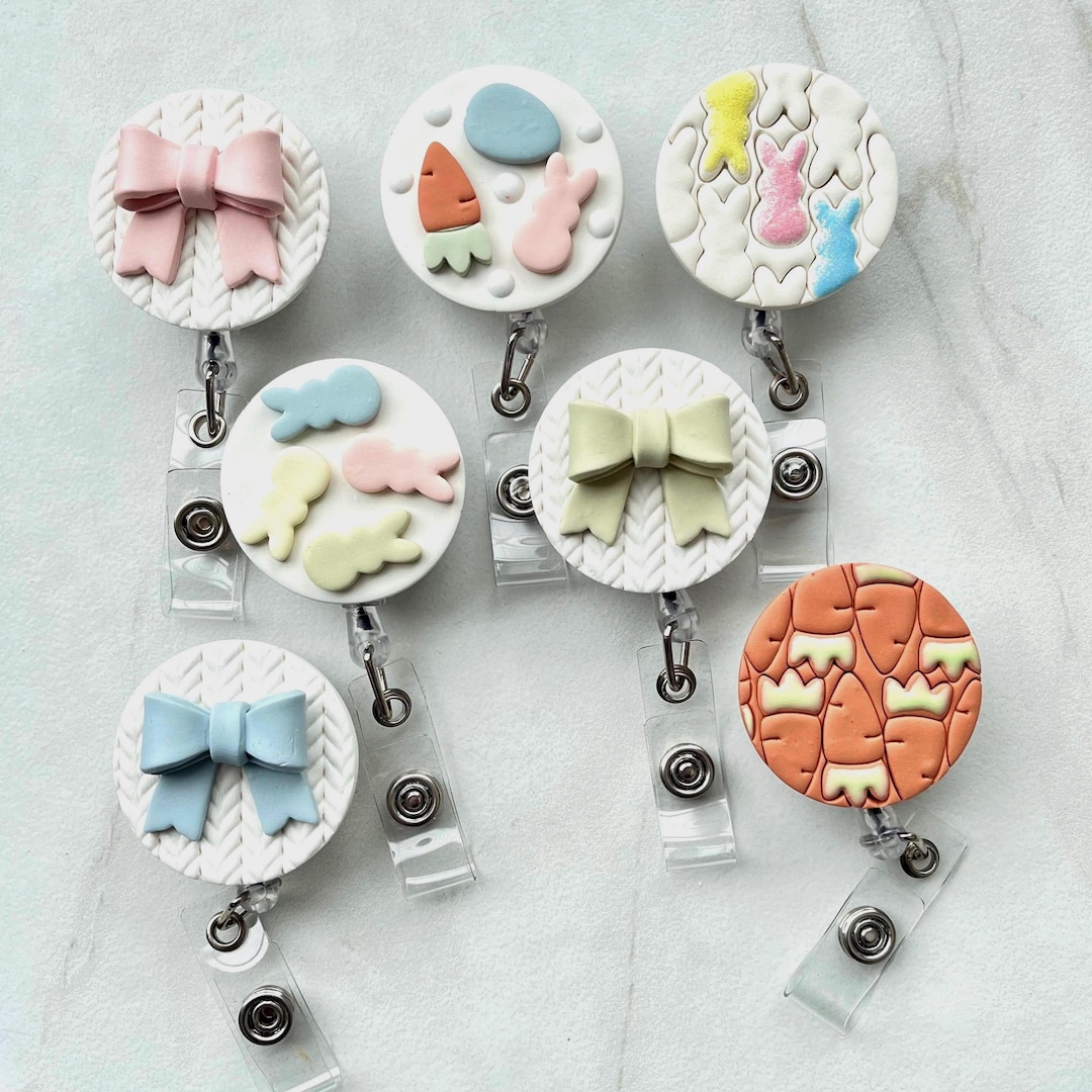Clay Badge Reel, Bows, Easter Eggs, Bunny Peeps, Carrots, ID Badge Reel ...
