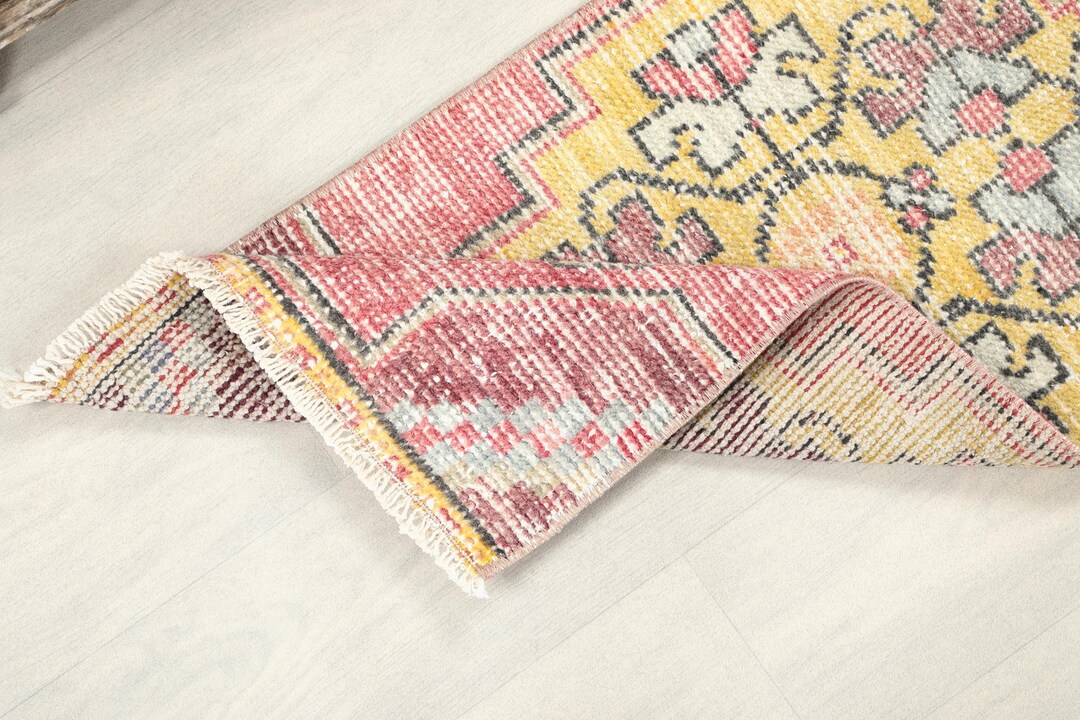 2x3 Red Yellow Turkish Faded Doormat, Oushak Rug, 2x3 Turkish Rug ...