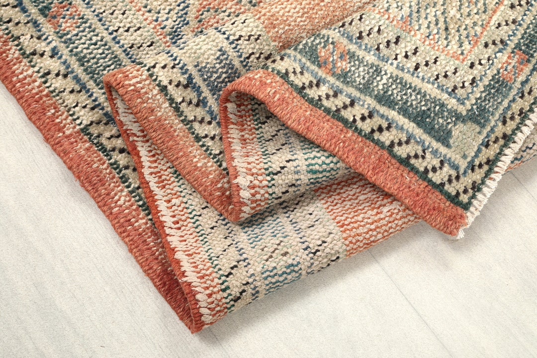 4x5 Ft Orange Blue Handmade Turkish Rug, Natural Wool Rug, 4x5 Vintage ...