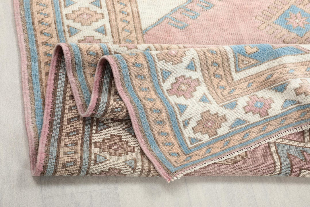 5x7 Pink Vinatge Rug, 5x7 Blue Turkish Rug, Handmade Area Rug, Bohemian ...