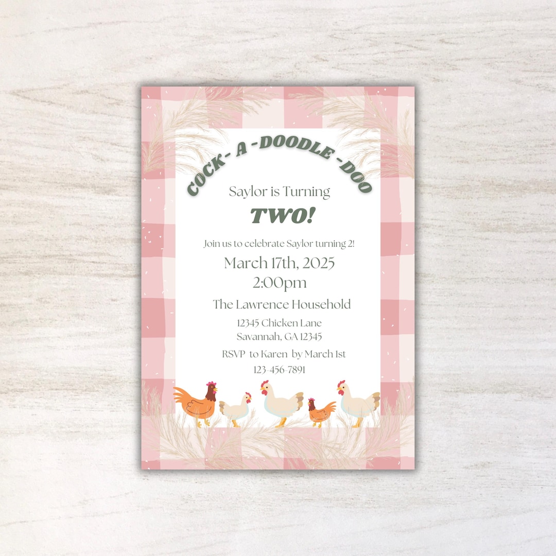 Cock-a-doodle-doo - 2nd Birthday Party Invitations - Girl Chicken Party ...
