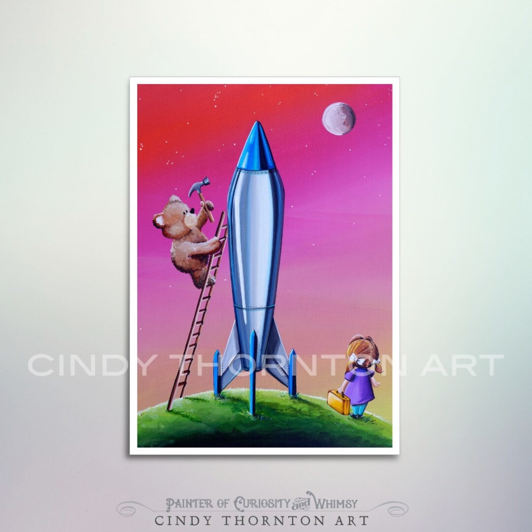5x7 Fine Art Pearlescent Print the Moon Mission Girl Builds a Rocket ...