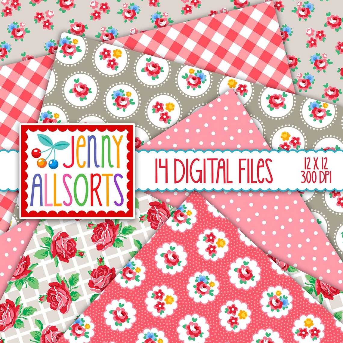 Shabby Chic Digital Paper Natalie Rose - Pink & Gray Floral Cottage ...