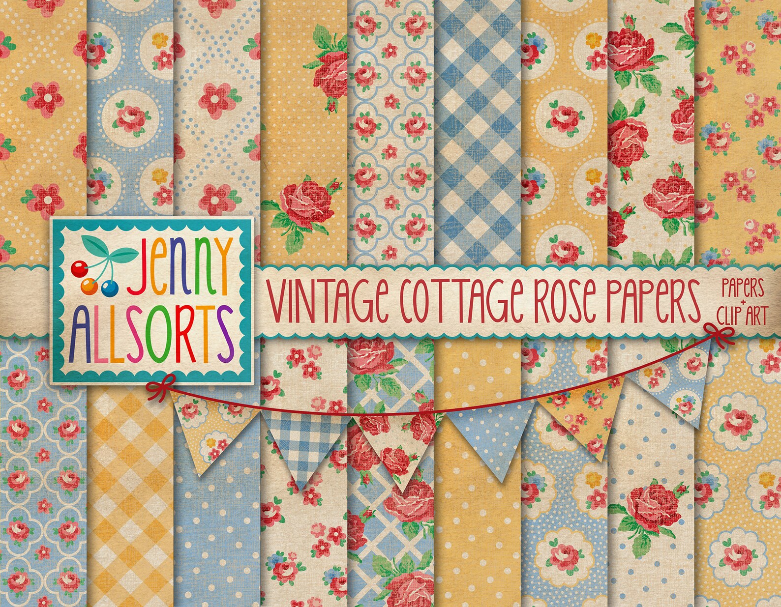 Vintage Cottage Rose Digital Paper Set + Clipart - 18 Farmhouse Cottage ...