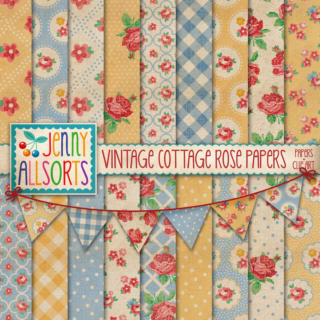 Vintage Cottage Rose Digital Paper Set + Clipart - 18 Farmhouse Cottage ...