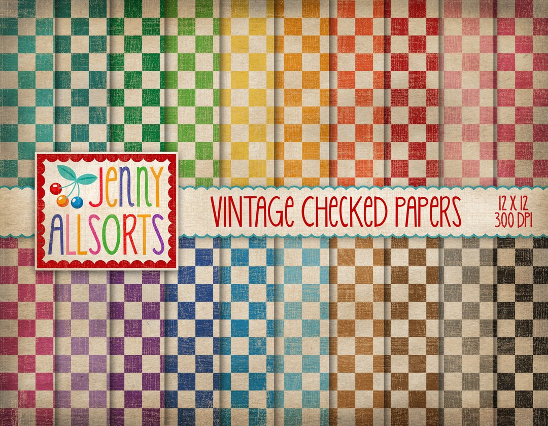 Vintage Checked Digital Paper Pack - Worn Checkered Patterns, Retro ...