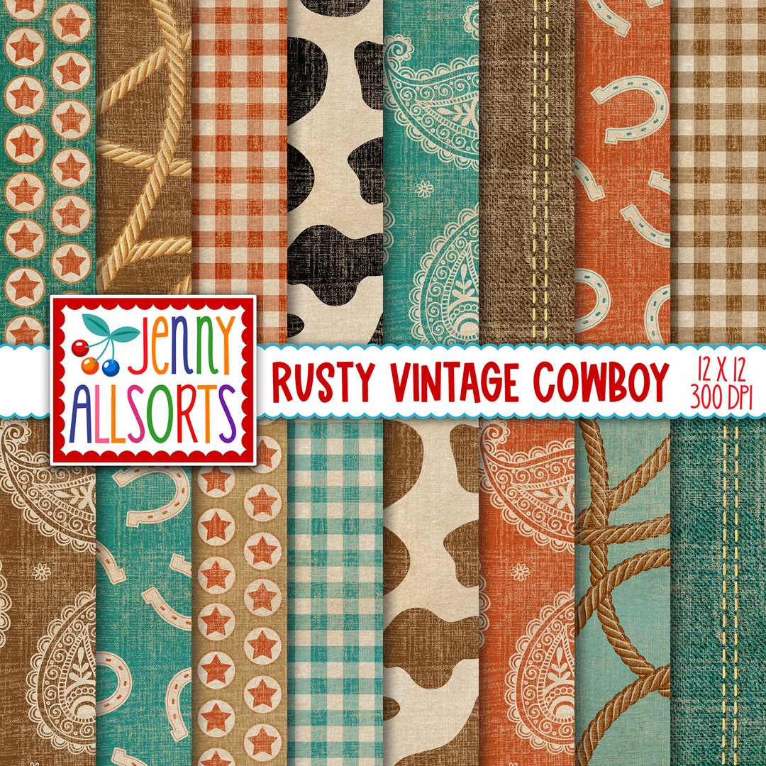 Rusty Vintage Cowboy Digital Design Papers - Teal & Orange Western ...