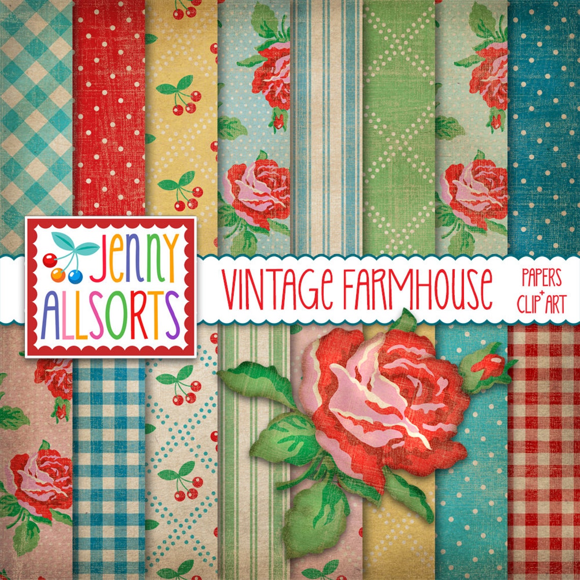 Vintage Farmhouse Digital Paper Set + Rose Clipart, 16 Shabby Chic ...