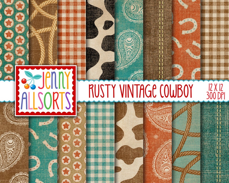 Rusty Vintage Cowboy Digital Design Papers Teal & Orange - Etsy