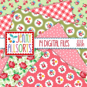 Shabby Chic Digital Paper Lily Rose - Pink and Green - for Invites ...