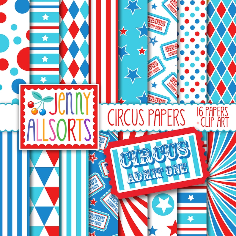 Circus Digital Paper + Clipart - Red Blue & Aqua Printable Graphic ...