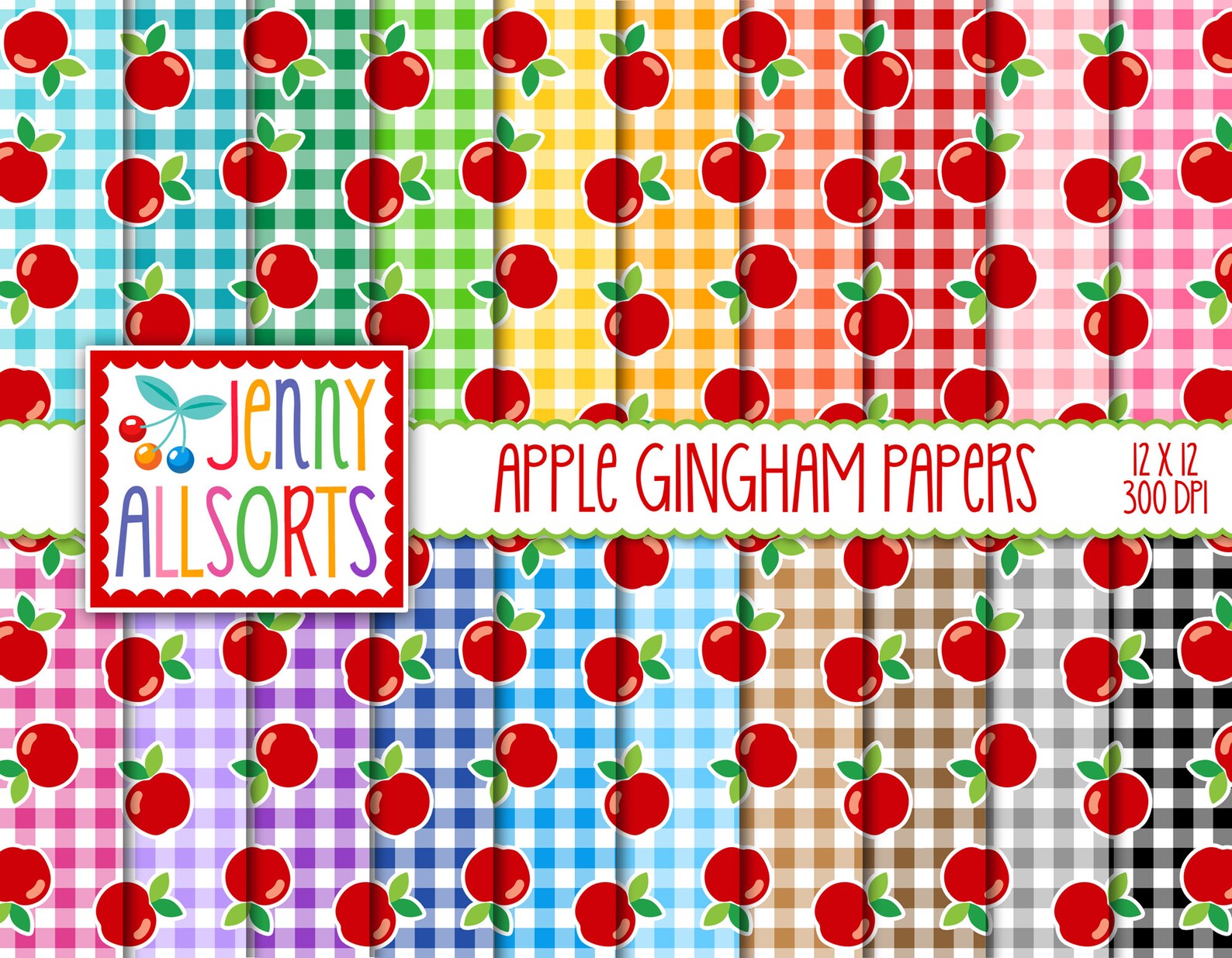 Apple Gingham Digital Paper Pack 20 Colors Red Apples on - Etsy