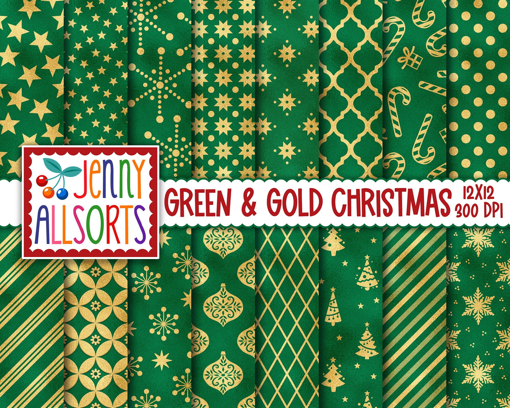 Green & Gold Christmas Digital Scrapbook Paper - Classic Digital ...