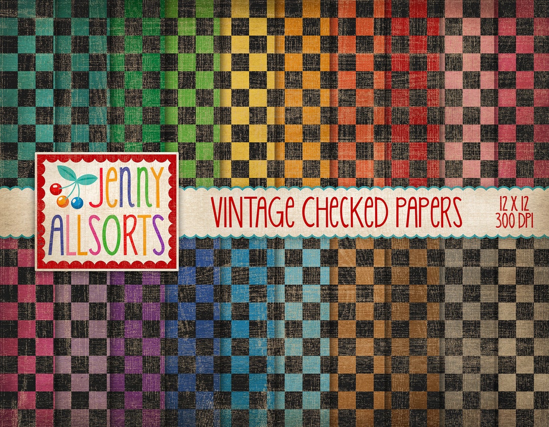 Vintage Checked Digital Paper Pack - Black Checkered Patterns, Retro ...
