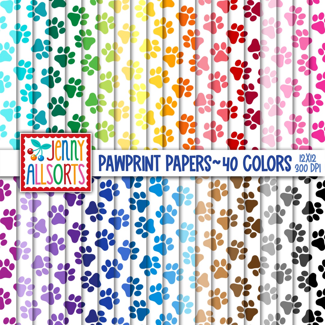 Paw Print Digital Paper Pack - 40 Color Bundle, Printable Puppy Dog ...