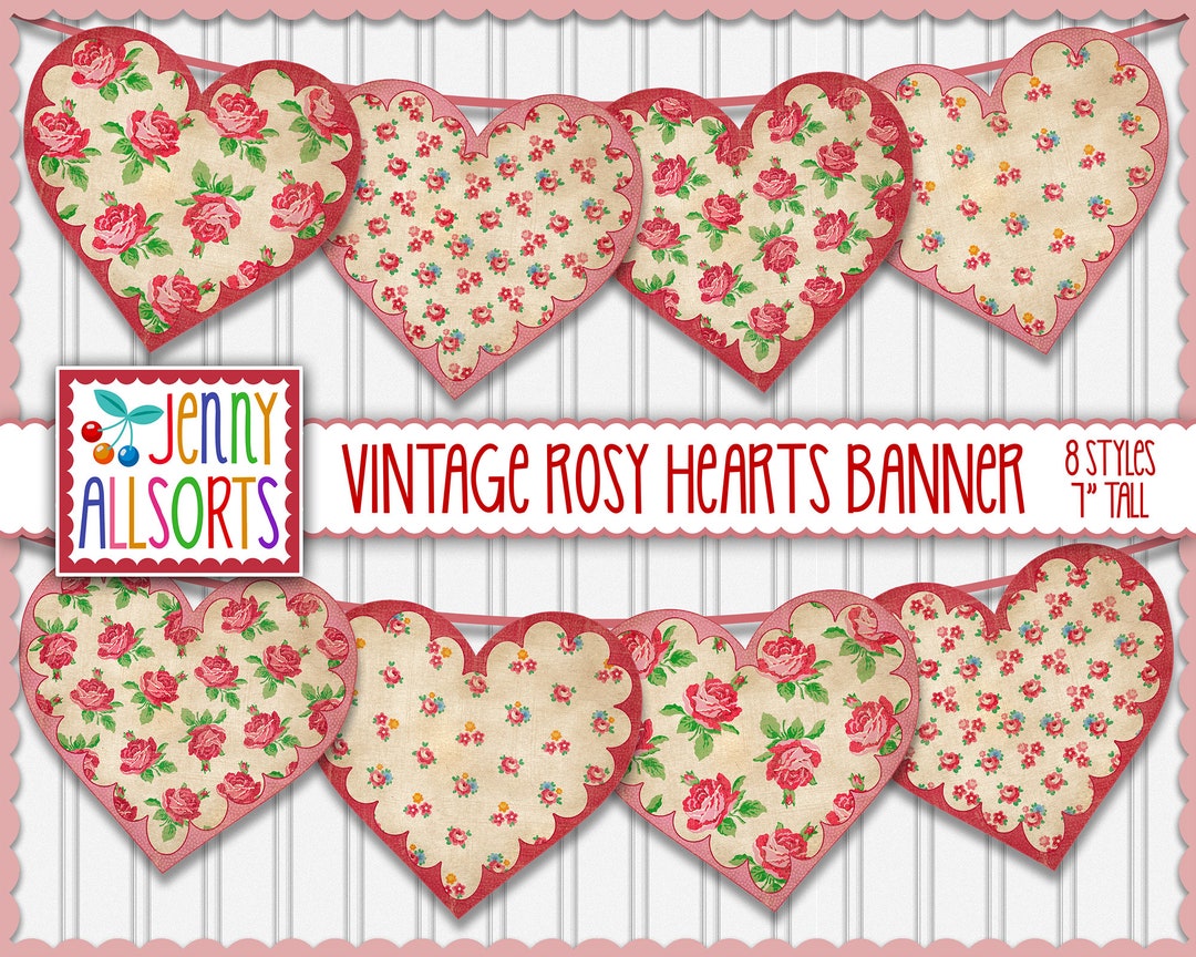 Vintage Rose Hearts Banner - Printable Shabby Rose Hearts, Valentines ...