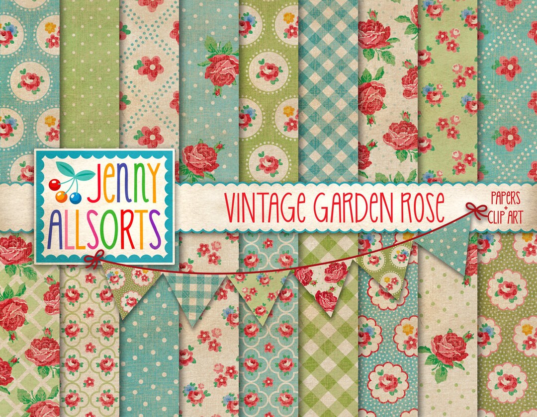 Vintage Garden Rose Digital Paper Set + Clipart - 18 Farmhouse Cottage ...