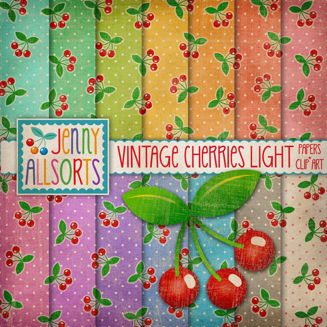 Vintage Cherries Light Digital Design Papers + Cherries Clipart, Worn ...