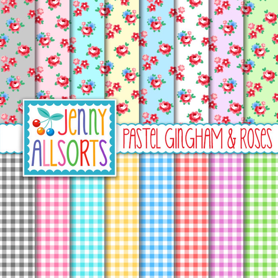 Gingham & Roses Digital Paper Pastel Color Feminine Girly - Etsy