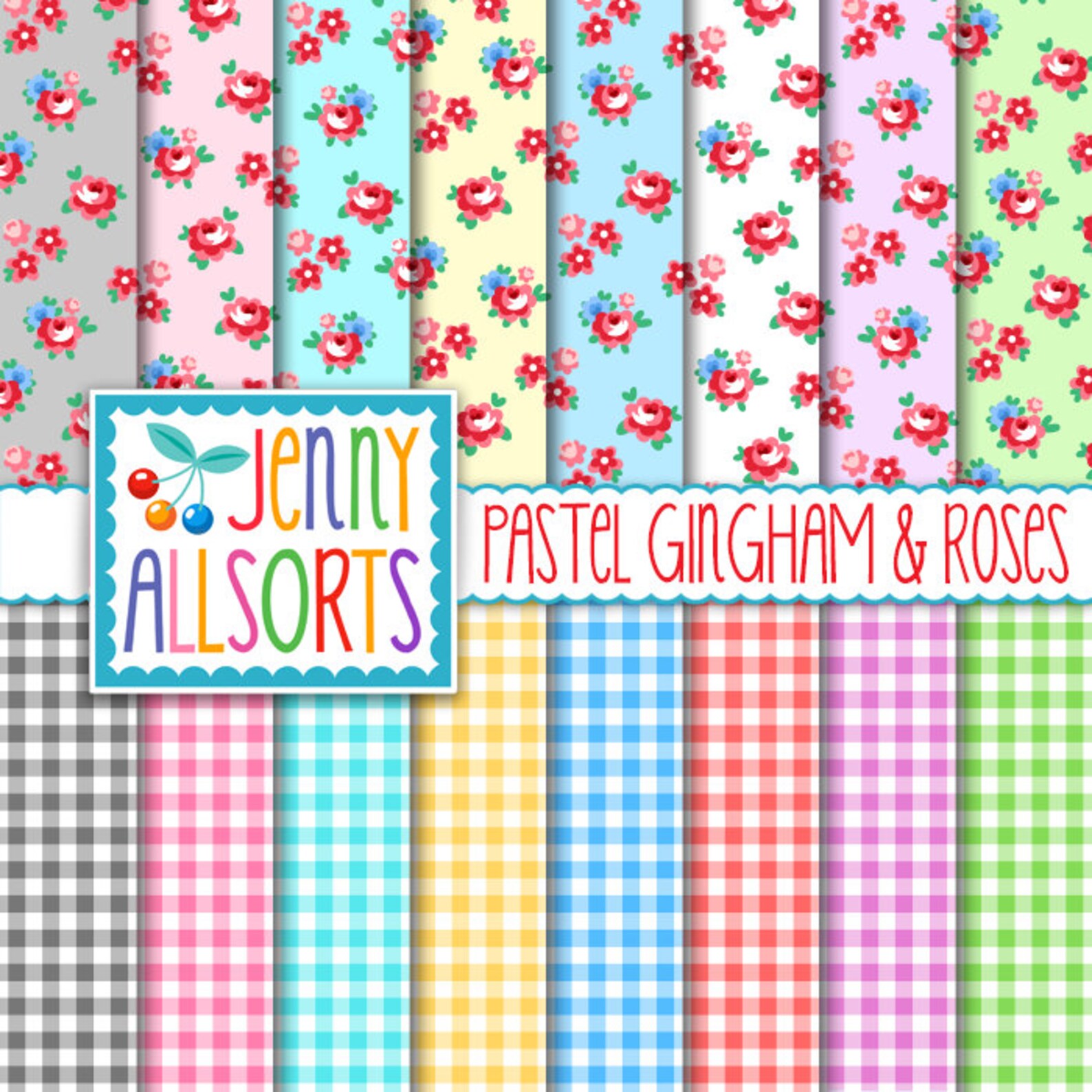 Gingham & Roses Digital Paper Pastel Color Feminine Girly - Etsy