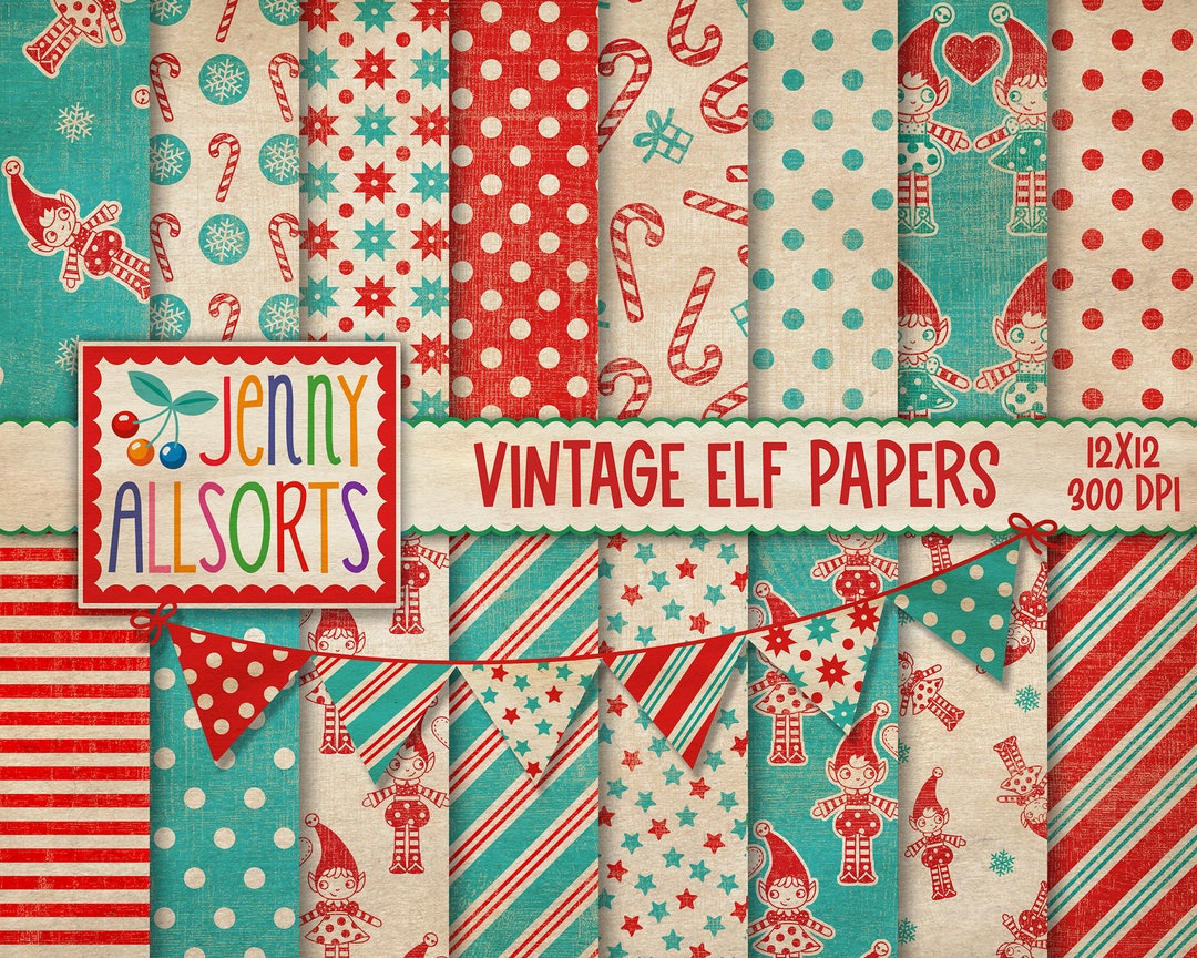 Vintage Christmas Elves Digital Paper Set + Clipart - 16 Holiday Elf ...
