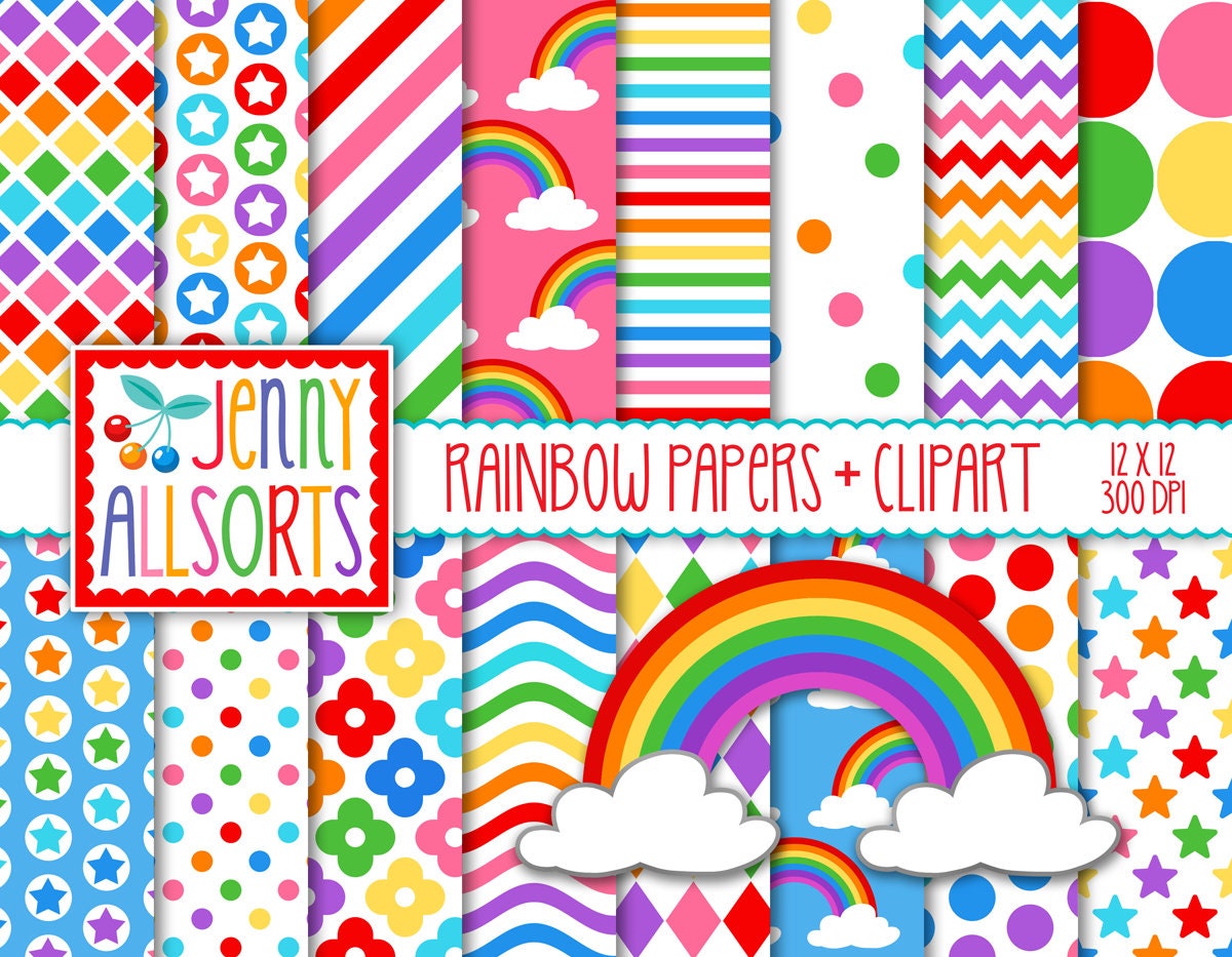 Rainbow Brights Digital Papers + Rainbow Clipart - 12x12 Colorful ...