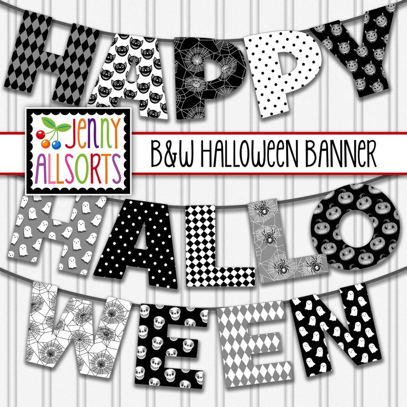 Halloween Printable Banner Black & White Digital Halloween | Etsy