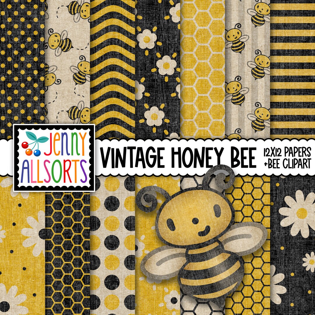 Vintage Honey Bee Digital Scrapbook Paper & Bumble Bee Clip Art ...