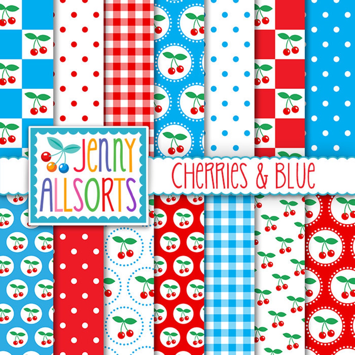 Cherries & Blue Digital Scrapbooking Paper Pack 14 Printable | Etsy