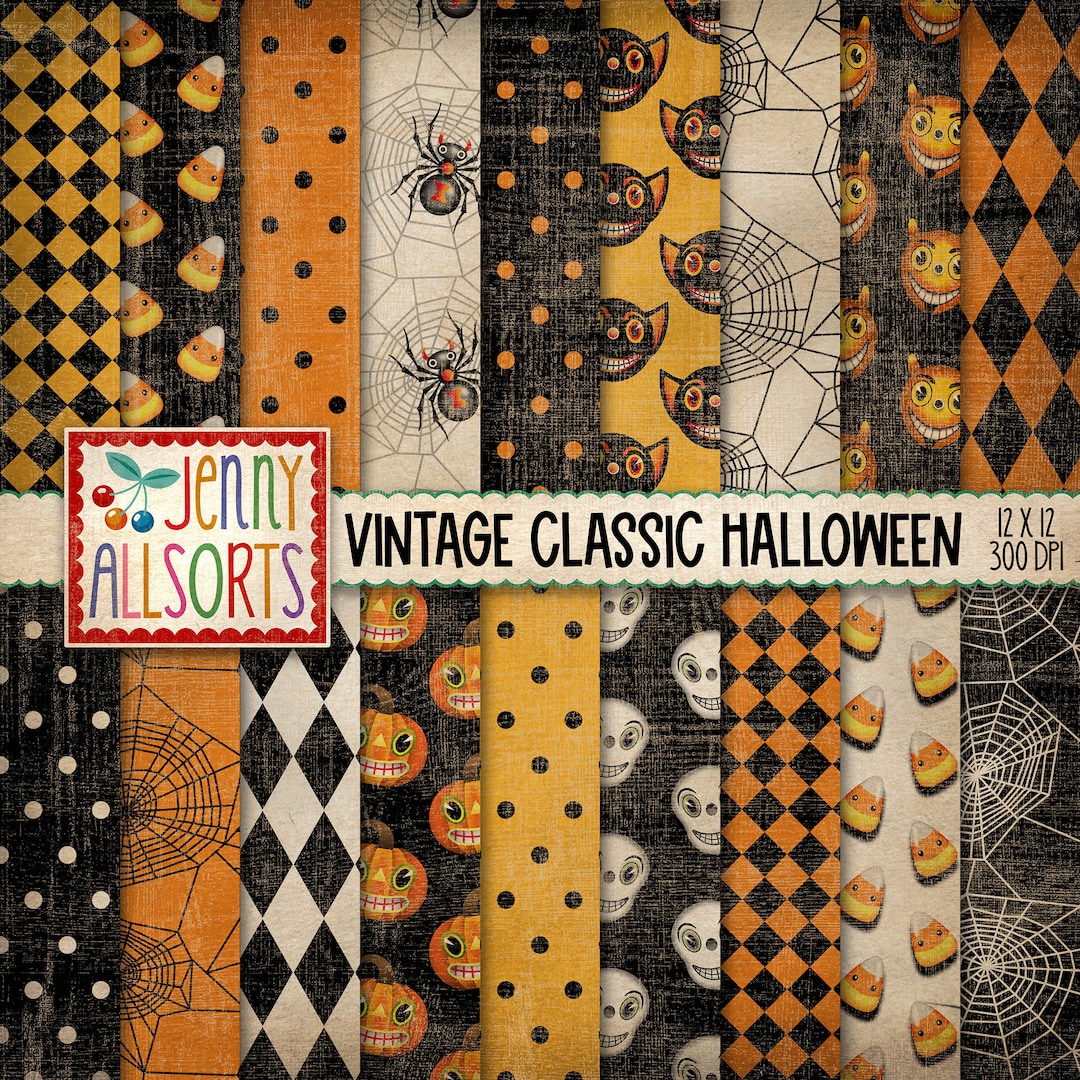 Vintage Halloween Digital Design Paper - Orange & Black Patterns ...