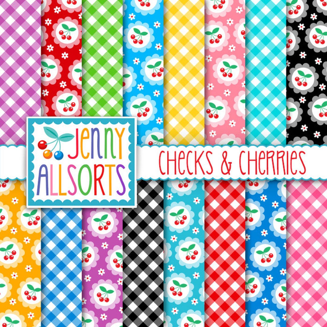 Checks & Cherries Digital Scrapbooking Paper Pack - 16 Sheets - Instant ...