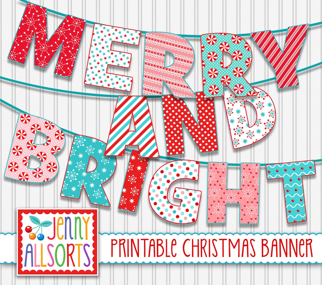 Merry & Bright Printable Banner - Digital Christmas Sign, Holiday ...