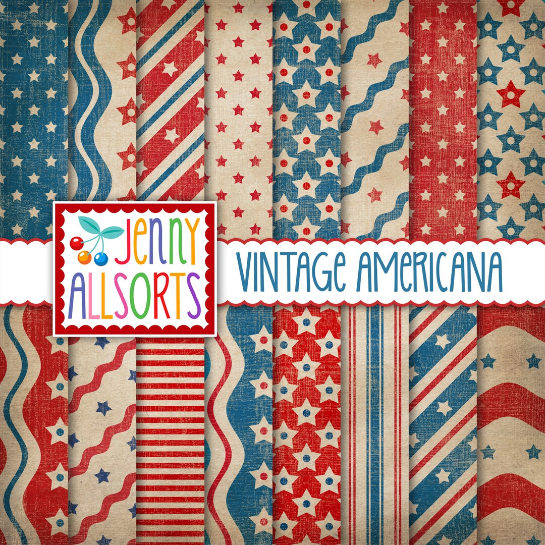 July 4th Patriotic Digital Paper Pack, Vintage American Red & White ...