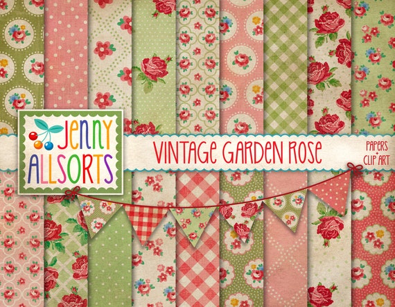 Vintage Garden Rose Digital Paper Set Clipart Green | Etsy