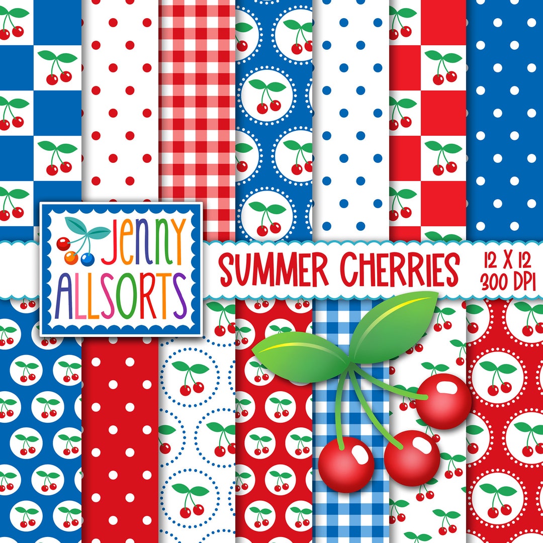 Summer Cherry Digital Paper + Cherries Clipart, Cute Printable Digital ...