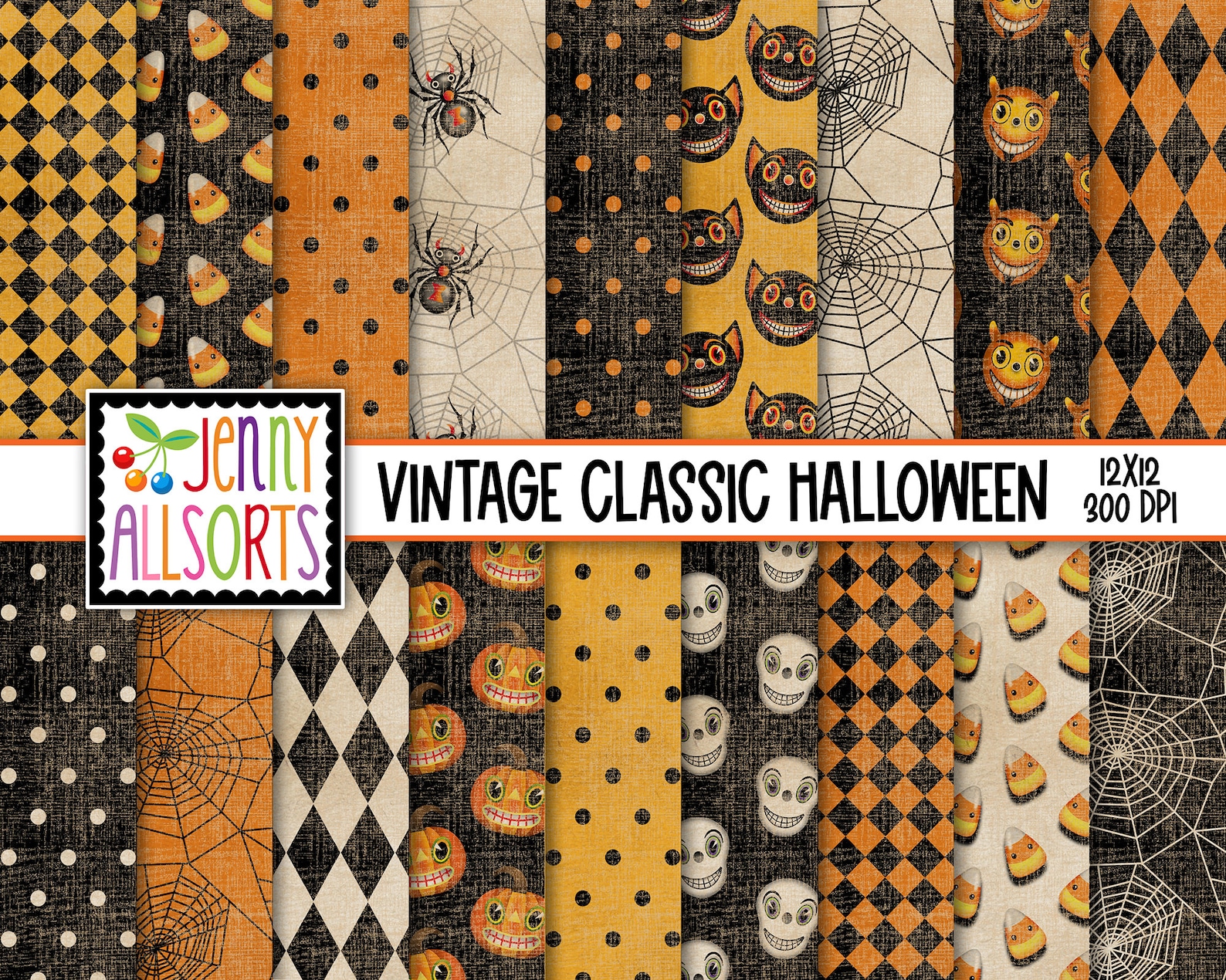 Vintage Halloween Digital Design Paper - Orange & Black Patterns ...