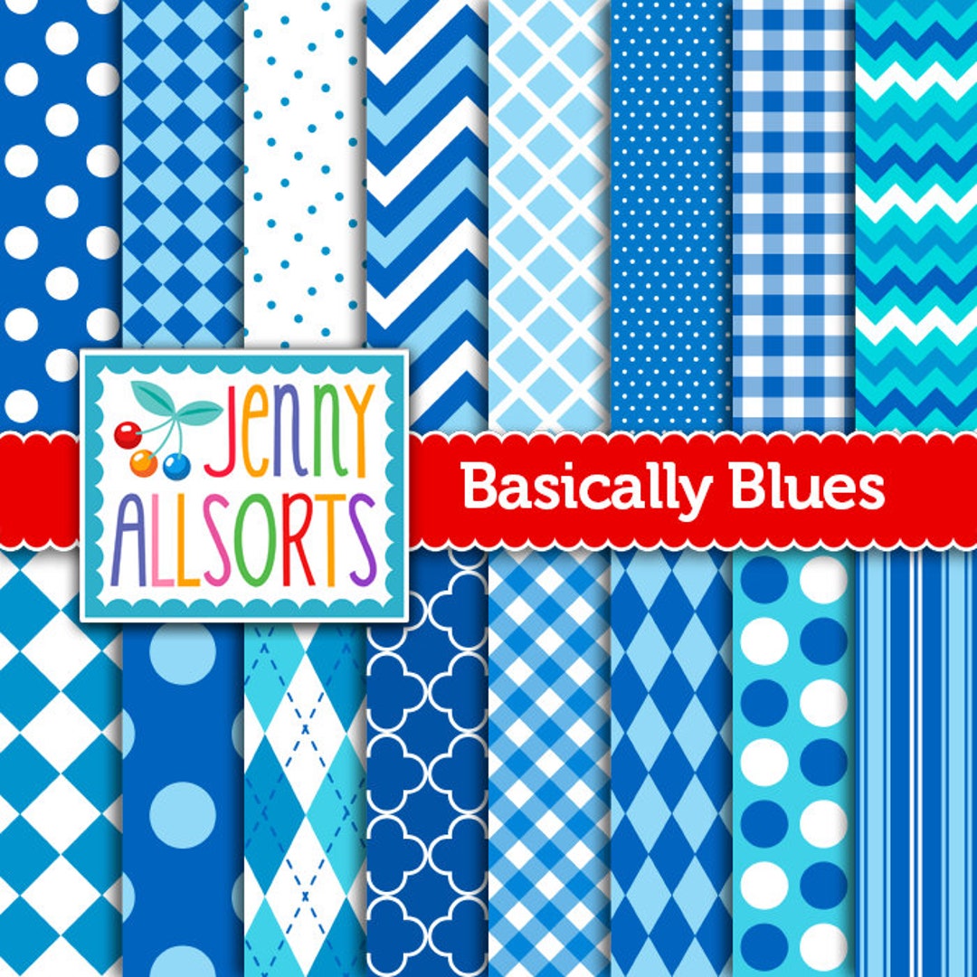 Blue and Aqua Digital Papers in Mixed Geometric Patterns- 16 Sheets of ...