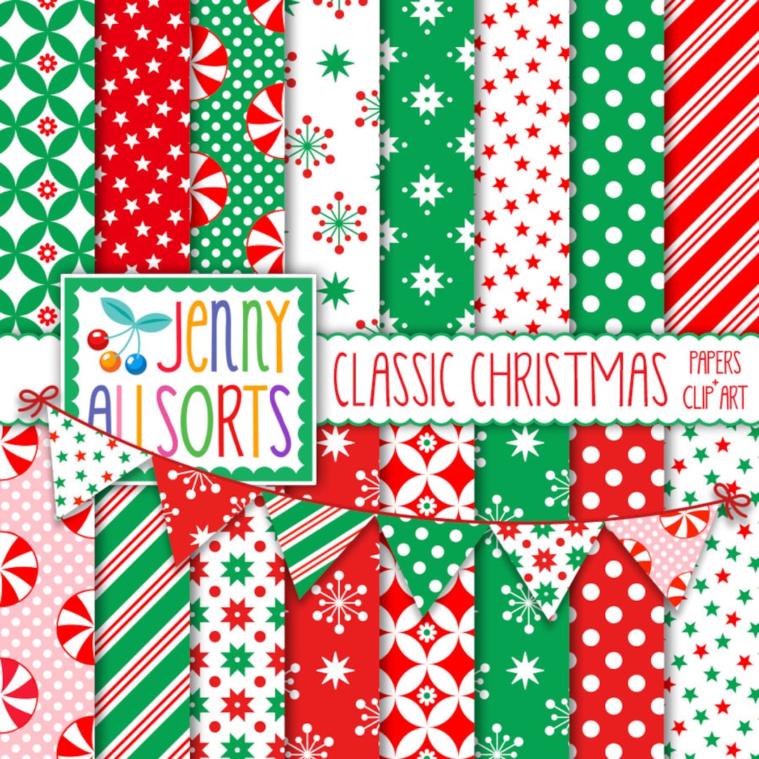 Classic Christmas Digital Scrapbook Paper +matching Bunting Clipart ...