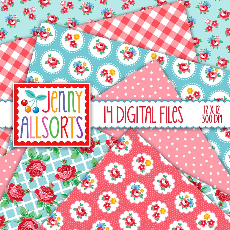 Shabby Chic Digital Paper Penelope Rose Pink and Aqua for - Etsy