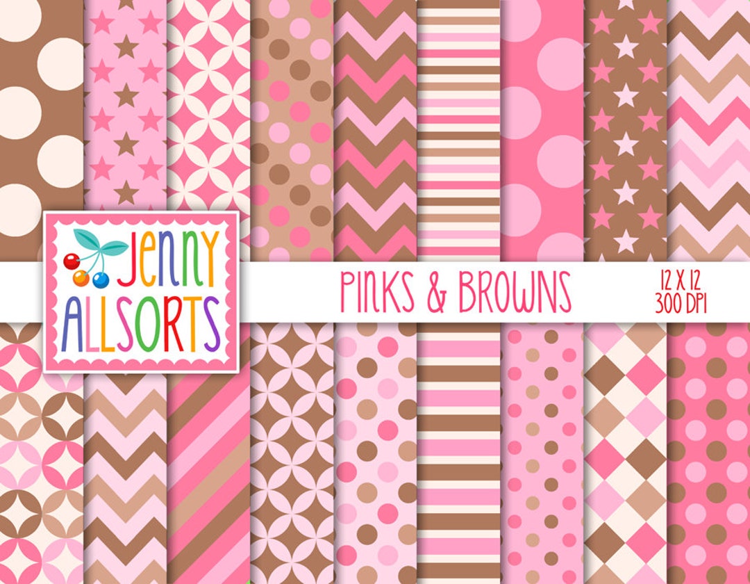 Pink & Brown Digital Paper, Simple Digital Paper, Stripes Dots Chevrons ...