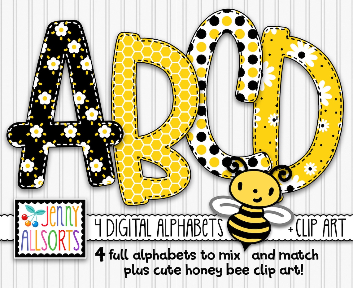 Honey Bee 4-alphabet Bundle for Sublimation & Design, Cute Bee Theme ...