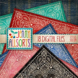 Vintage Bandana Digital Design Papers - 18 Colors, Worn Bandana Texture ...
