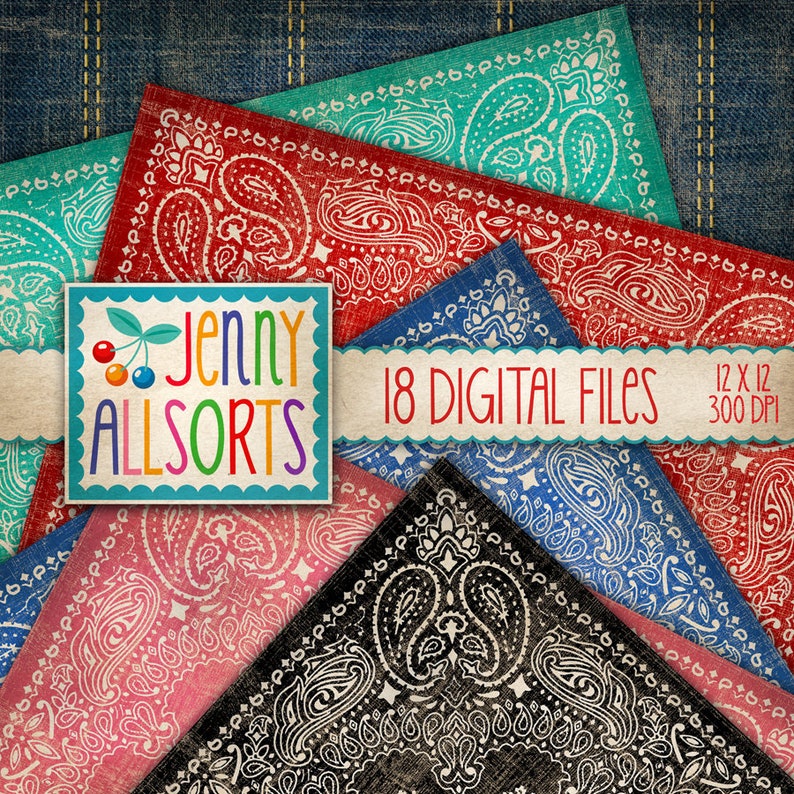Vintage Bandana Digital Design Papers - 18 Colors, Worn Bandana Texture ...