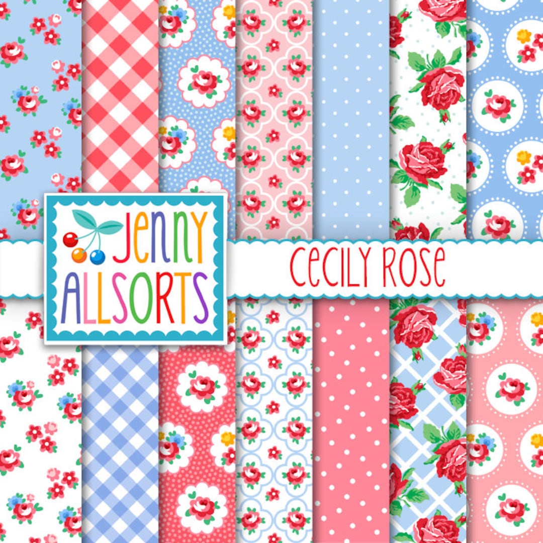 Shabby Chic Digital Paper Cecily Rose - Pink and Baby Blue - for ...