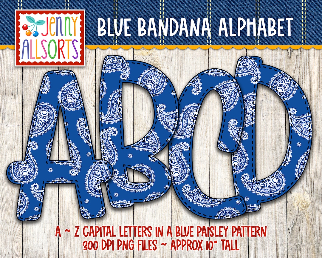 Blue Bandana Alphabet for Sublimation & Design, Digital Western Cowboy ...