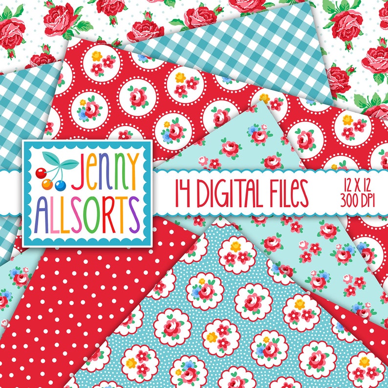 Shabby Chic Digital Paper Jennyann Rose - Red & Aqua Vintage Cottage ...